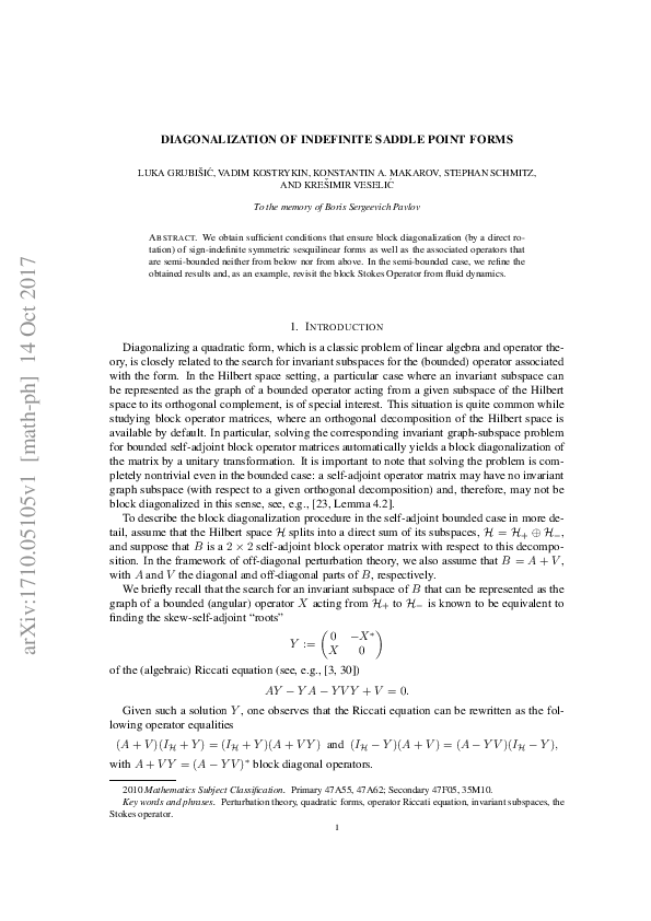 (PDF) Diagonalization of indefinite saddle point forms