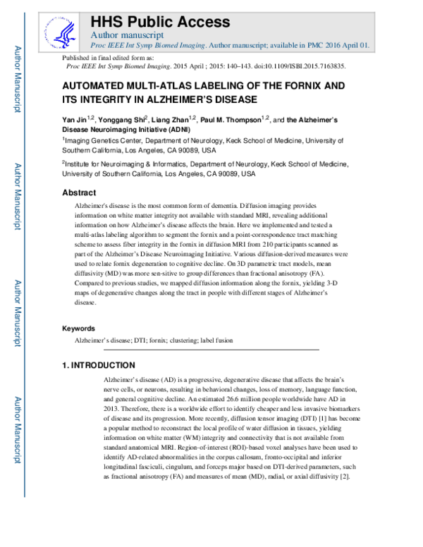 (PDF) Automated multi-atlas labeling of the fornix and its integrity in alzheimer's disease