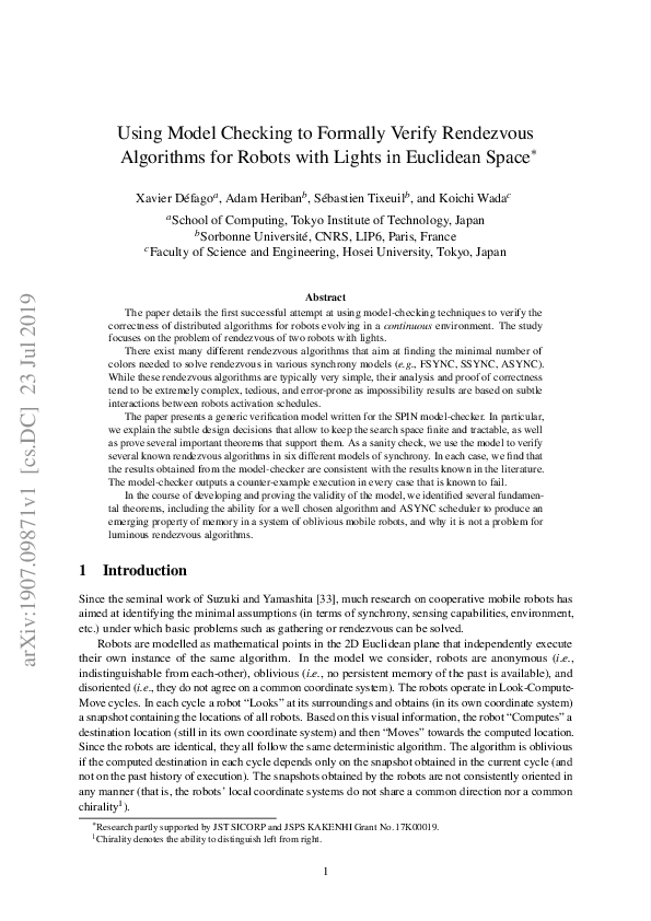 (PDF) Using Model Checking to Formally Verify Rendezvous Algorithms for Robots with Lights in ...