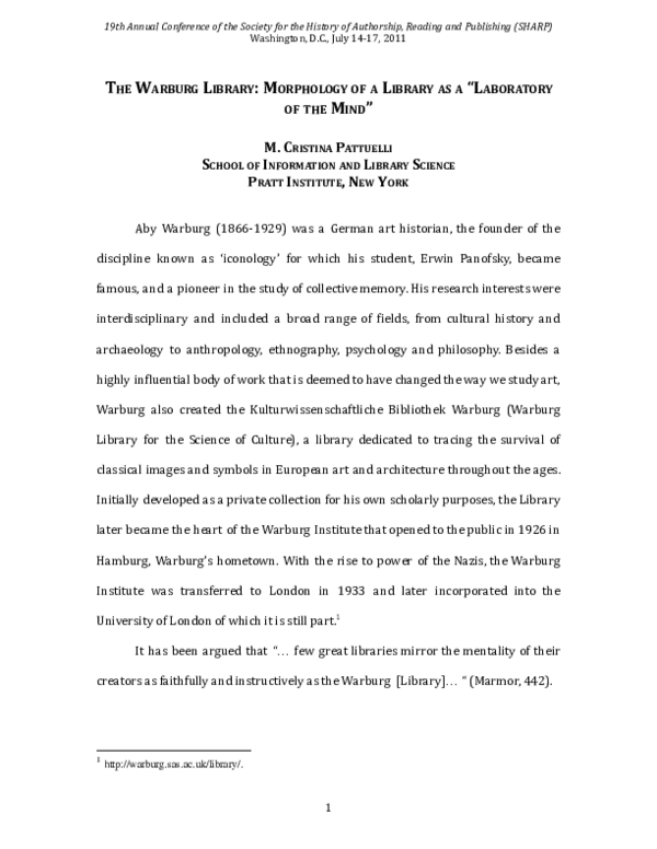 (PDF) The Warburg Library: Morphology of a Library as a "Laboratory of ...