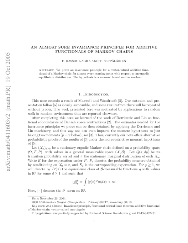 (PDF) An Almost Sure Invariance Principle for Additive Functionals of Markov Chains
