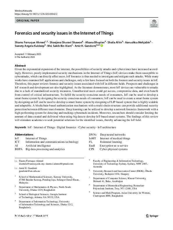 (PDF) Forensics and security issues in the Internet of Things