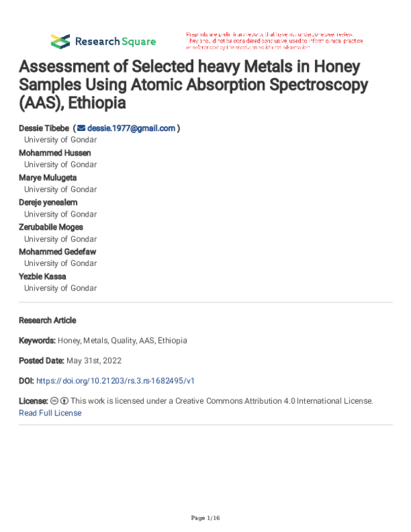 (PDF) Assessment of Selected heavy Metals in Honey Samples Using Atomic ...