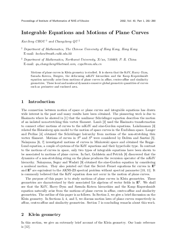 (PDF) Integrable equations and motions of plane curves