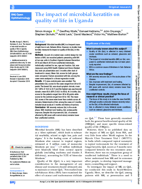 (PDF) The impact of microbial keratitis on quality of life in Uganda