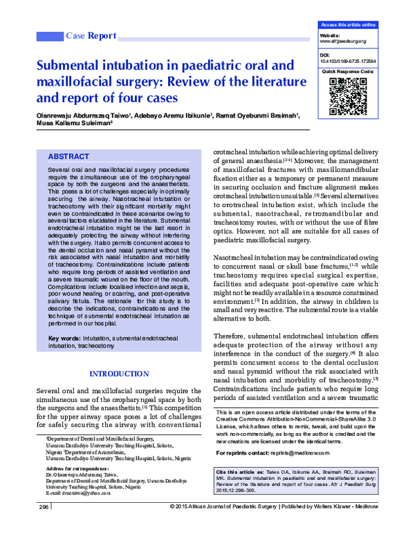 (PDF) Submental intubation in paediatric oral and maxillofacial surgery ...