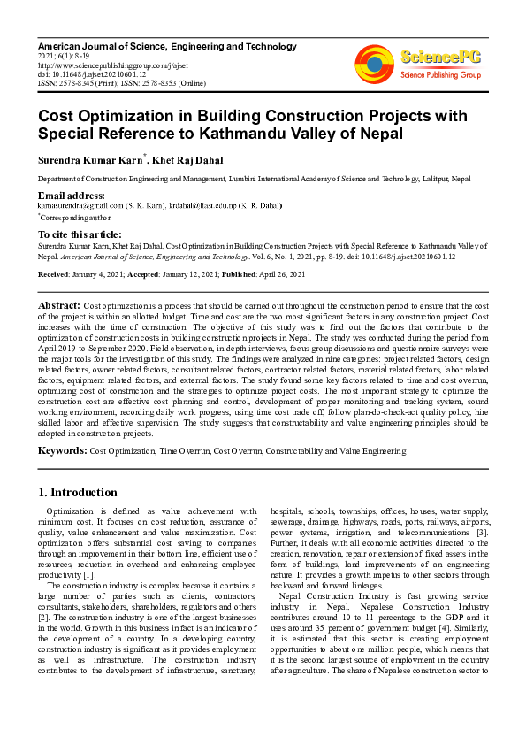 (PDF) Cost Optimization in Building Construction Projects with Special Reference to Kathmandu ...