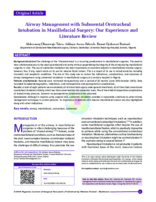 (PDF) Airway management with submental orotracheal intubation in ...
