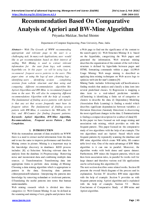 (PDF) Recommendation Based On Comparative Analysis of Apriori and BW-Mine Algorithm