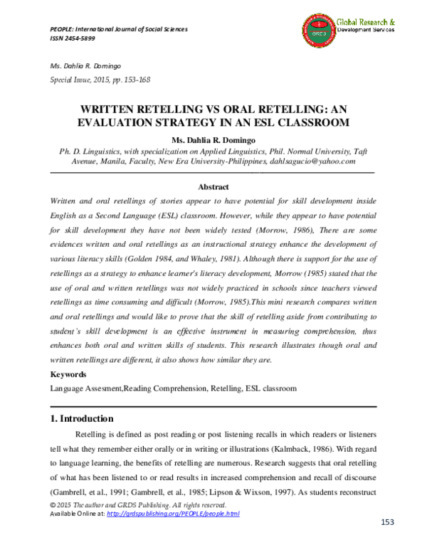 (PDF) Written Retelling vs Oral Retelling: An Evaluation Strategy in an ...