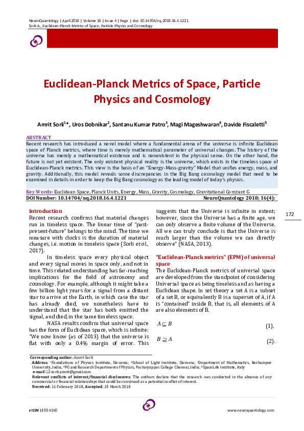 (PDF) Euclidean-Planck Metrics of Space, Particle Physics and Cosmology