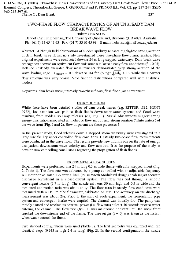 (PDF) TWO-PHASE FLOW CHARACTERISTICS OF AN UNSTEADY DAM BREAK WAVE FLOW