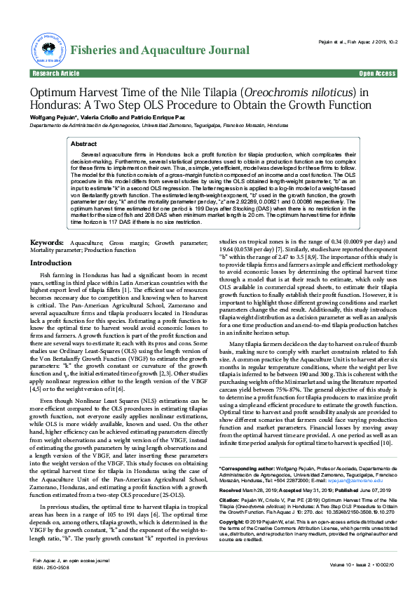 (PDF) Optimum Harvest Time of the Nile Tilapia (Oreochromis niloticus ...