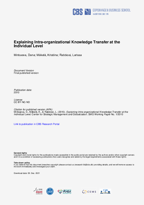 (PDF) Explaining intra-organizational knowledge transfer at the ...