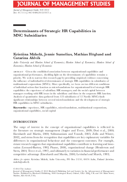 (PDF) Determinants of Strategic HR Capabilities in MNC Subsidiaries