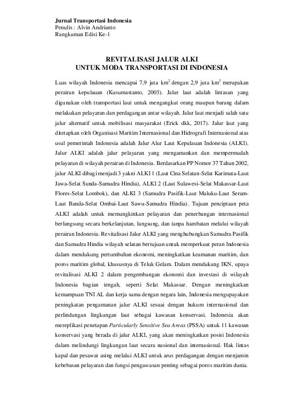 (PDF) REVITALISASI JALUR ALKI UNTUK MODA TRANSPORTASI DI INDONESIA