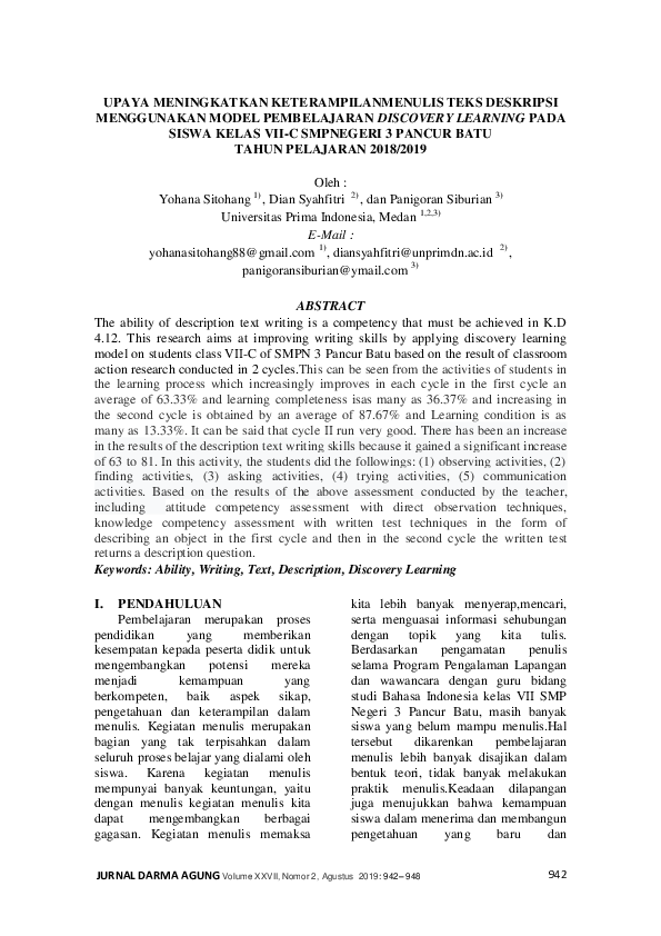 (PDF) Upaya Meningkatkan Keterampilanmenulis Teks Deskripsi Menggunakan Model Pembelajaran ...