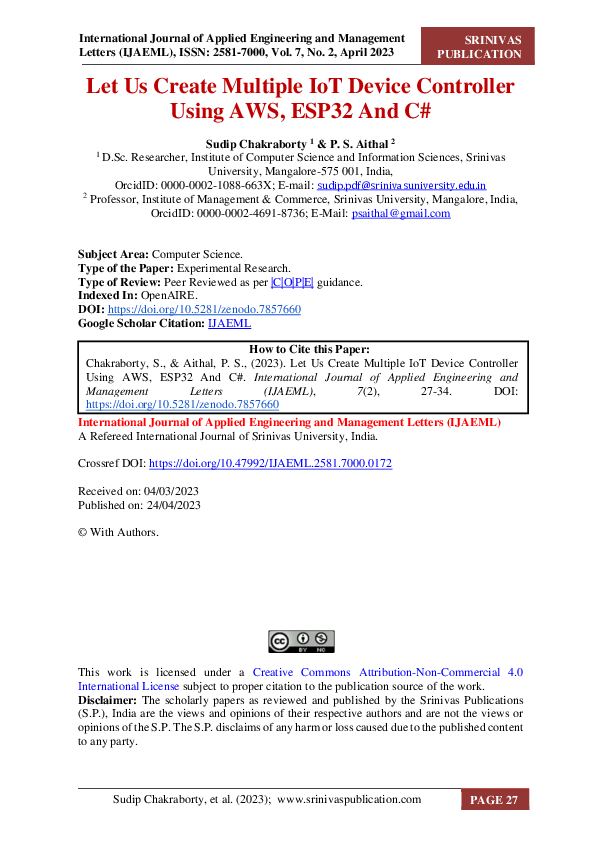 (PDF) Let Us Create Multiple IoT Device Controller Using AWS, ESP32 And C#