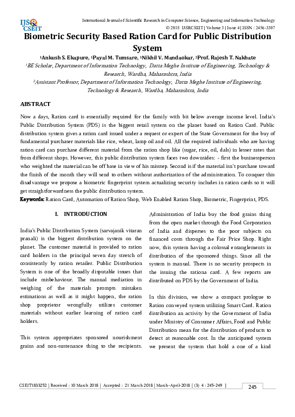 (PDF) Biometric Security Based Ration Card for Public Distribution System