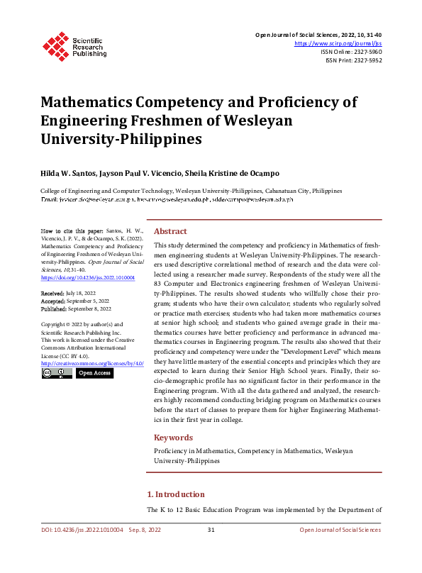 (PDF) Mathematics Competency and Proficiency of Engineering Freshmen of ...