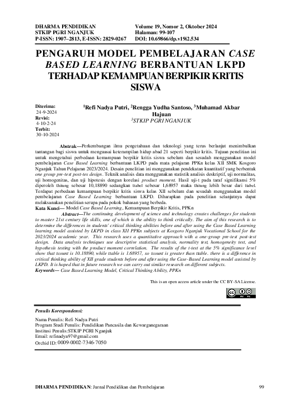 (PDF) Pengaruh Model Pembelajaran Case Based Learning Terhadap Kemampuan Berpikir Kritis Siswa ...