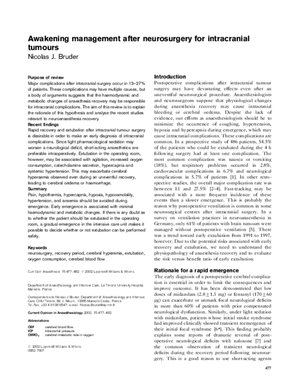 (PDF) Awakening management after neurosurgery for intracranial tumours