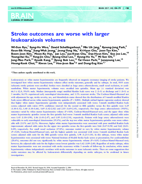 (PDF) Stroke outcomes are worse with larger leukoaraiosis volumes