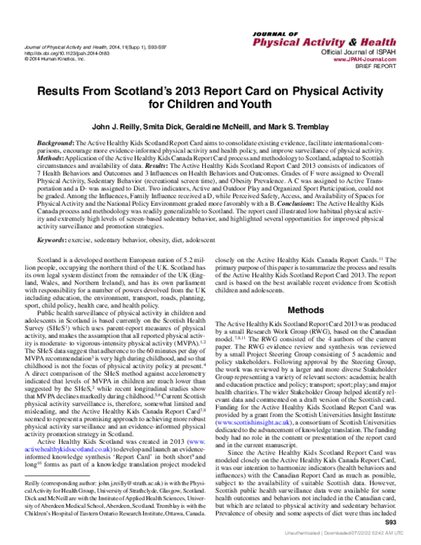(PDF) Results from Scotland's 2013 Report Card on Physical Activity for ...