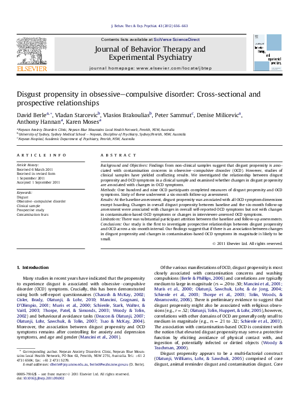 (PDF) Disgust propensity in obsessive–compulsive disorder: Cross ...