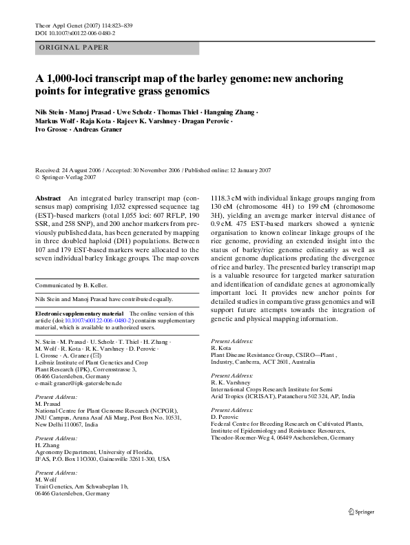 (PDF) A 1,000-loci transcript map of the barley genome: new anchoring ...