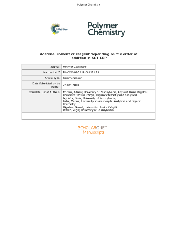 (PDF) Acetone: a solvent or a reagent depending on the addition order in SET-LRP