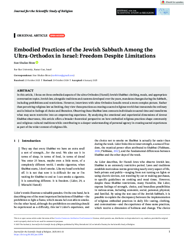 (PDF) Embodied Practices of the Jewish Sabbath Among the Ultra-Orthodox in Israel: Freedom ...
