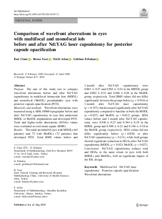 (PDF) Comparison of wavefront aberrations in eyes with multifocal and monofocal iols before and ...