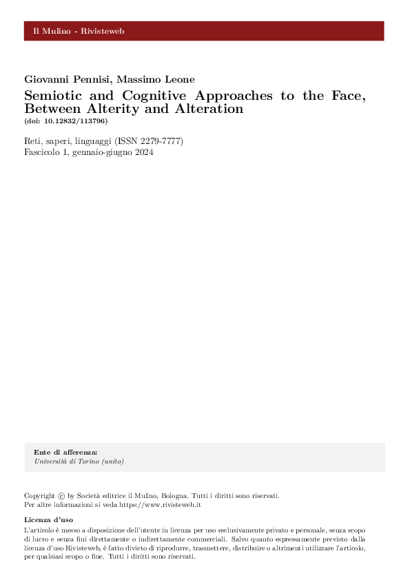 (PDF) Semiotic and Cognitive Approaches to the Face, Between Alterity and Alteration
