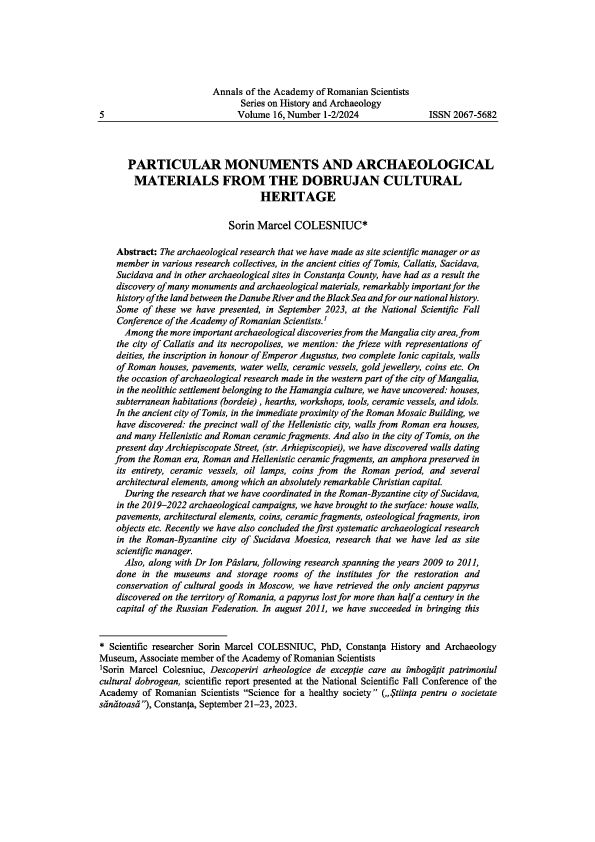 (PDF) PARTICULAR MONUMENTS AND ARCHAEOLOGICAL MATERIALS FROM THE ...