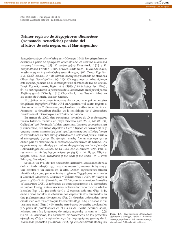 (PDF) Primer registro de Stegophorus diomedeae (Nematoda: Acuariidae ...