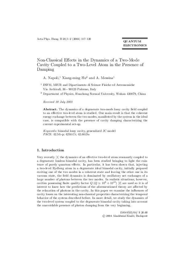 (PDF) Non-Classical Effects in the Dynamics of a Two-Mode Cavity Coupled to a Two-Level Atom in ...