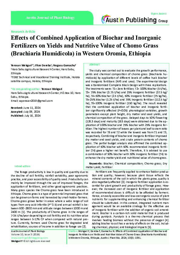 (PDF) Effects of Combined Application of Biochar and Inorganic Fertilizers on Yields and ...