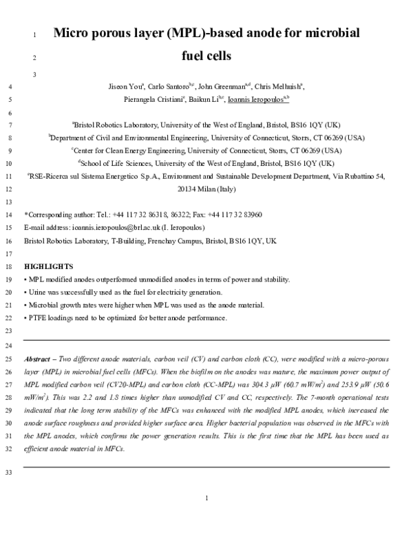 (PDF) Micro-porous layer (MPL)-based anode for microbial fuel cells