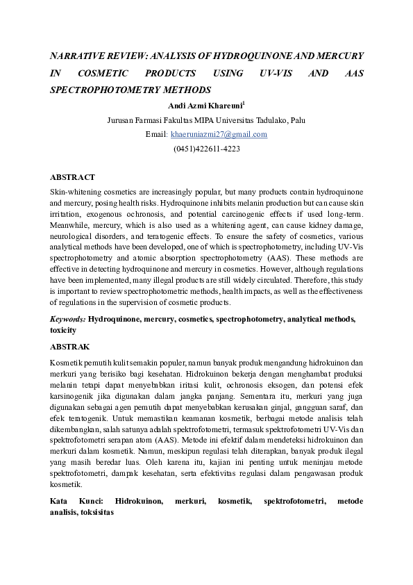 (PDF) NARRATIVE REVIEW: ANALYSIS OF HYDROQUINONE AND MERCURY IN COSMETIC PRODUCTS USING UV-VIS ...
