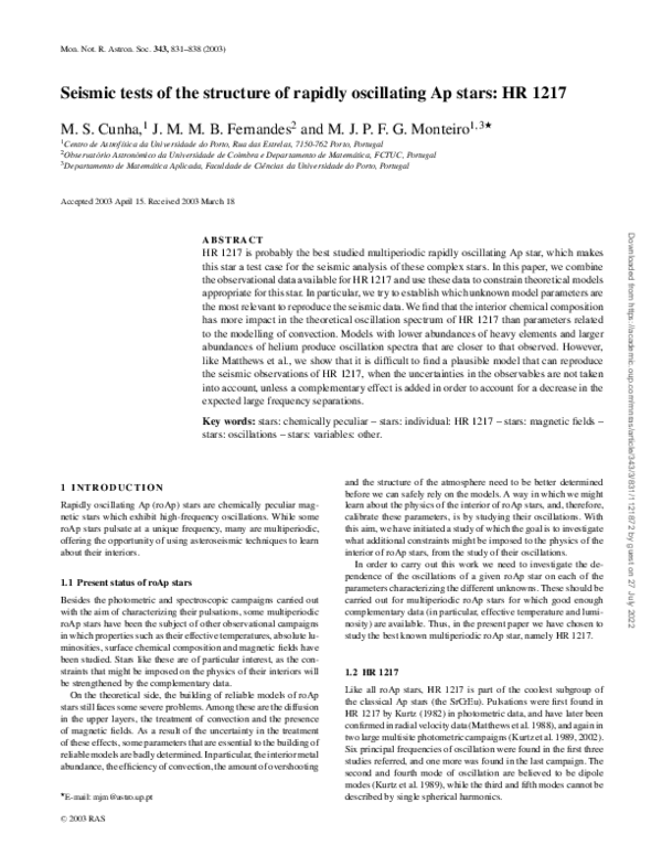 (PDF) Seismic tests of the structure of rapidly oscillating Ap stars ...