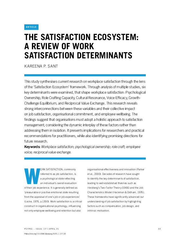 (PDF) THE SATISFACTION ECOSYSTEM: A REVIEW OF WORK SATISFACTION DETERMINANTS