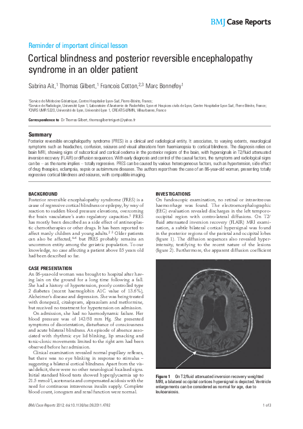(PDF) Cortical blindness and posterior reversible encephalopathy ...