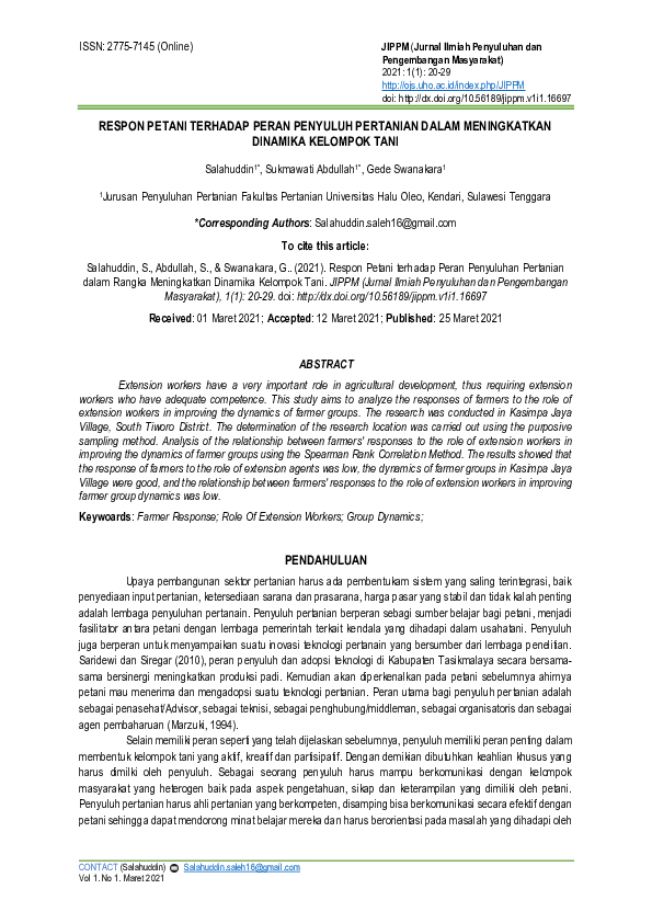 (PDF) Respon Petani Terhadap Peran Penyuluh Pertanian dalam Meningkatkan Dinamika Kelompok Tani