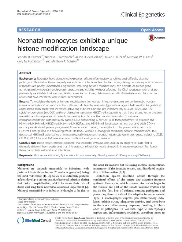 (PDF) Neonatal monocytes exhibit a unique histone modification landscape