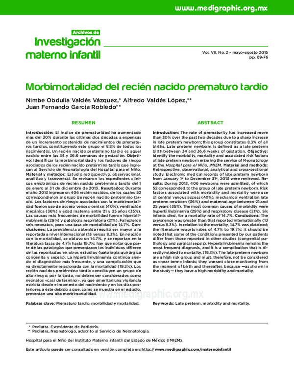 (PDF) Morbimortalidad del recién nacido prematuro tardío