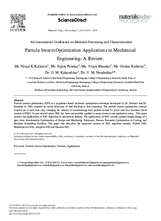 (PDF) Particle Swarm Optimization Applications to Mechanical Engineering- A Review