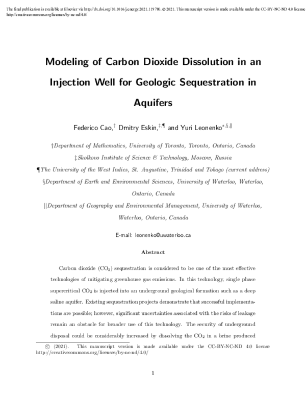 (PDF) Modeling of carbon dioxide dissolution in an injection well for ...