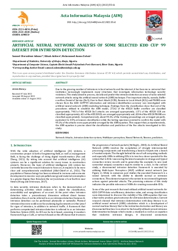 (PDF) Artificial Neural Network Analysis of Some Selected KDD Cup 99 Dataset for Intrusion Detection