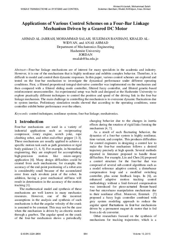 (PDF) Applications of Various Control Schemes on a Four-Bar Linkage ...